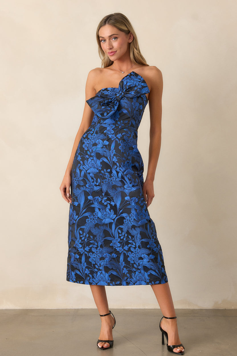 Midnight Blue Jacquard Strapless Midi Dress - All Dresses | Red Dress