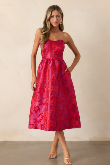 Red & Pink Jacquard Midi Dress - All Dresses | Red Dress