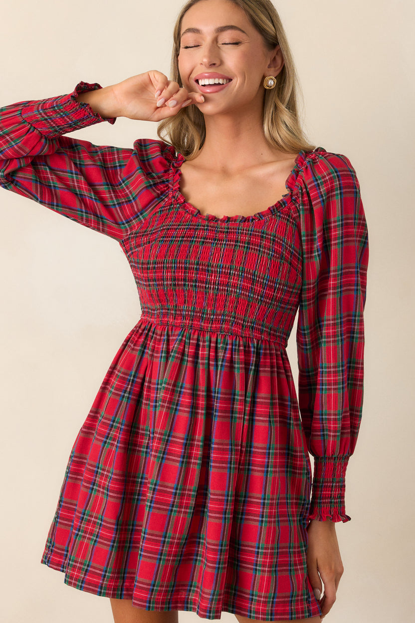 Red Plaid Long Sleeve Mini Dress - All Dresses | Red Dress