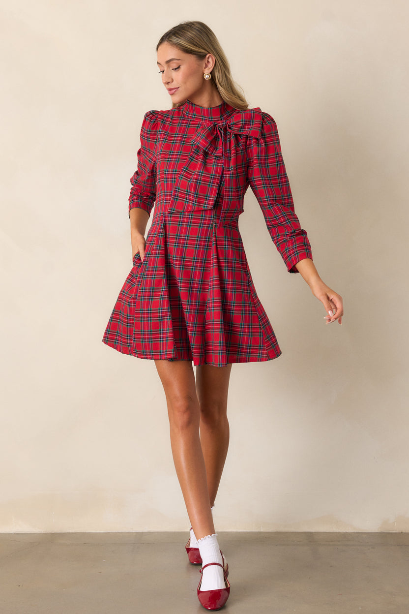 Red Plaid Bow Neck Mini Dress - All Dresses | Red Dress