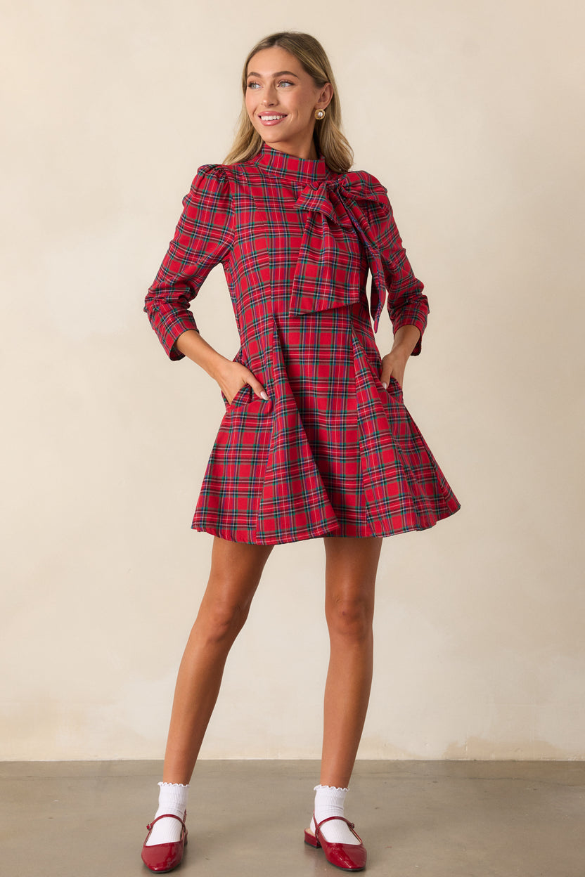 Red Plaid Bow Neck Mini Dress - All Dresses | Red Dress