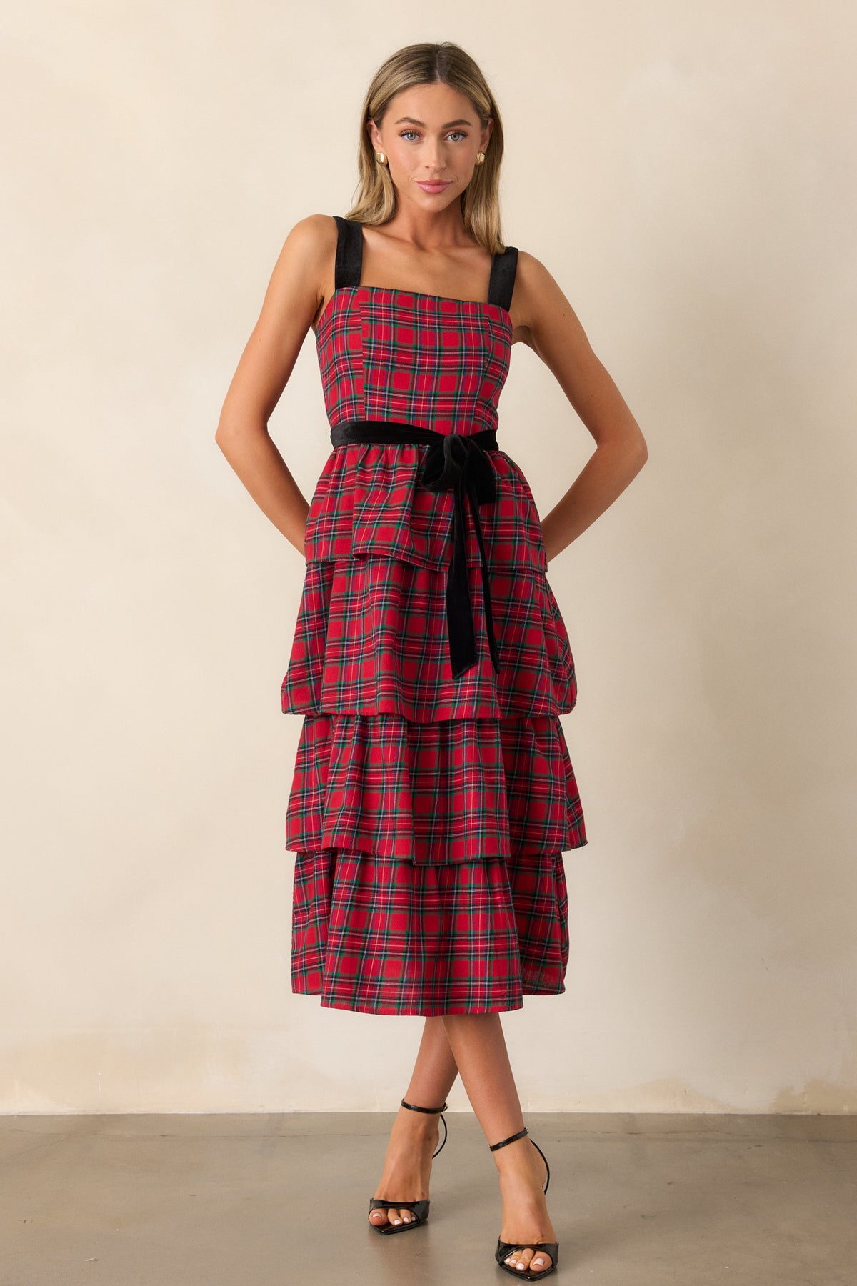 Red Plaid Tiered Midi Dress - All Dresses | Red Dress