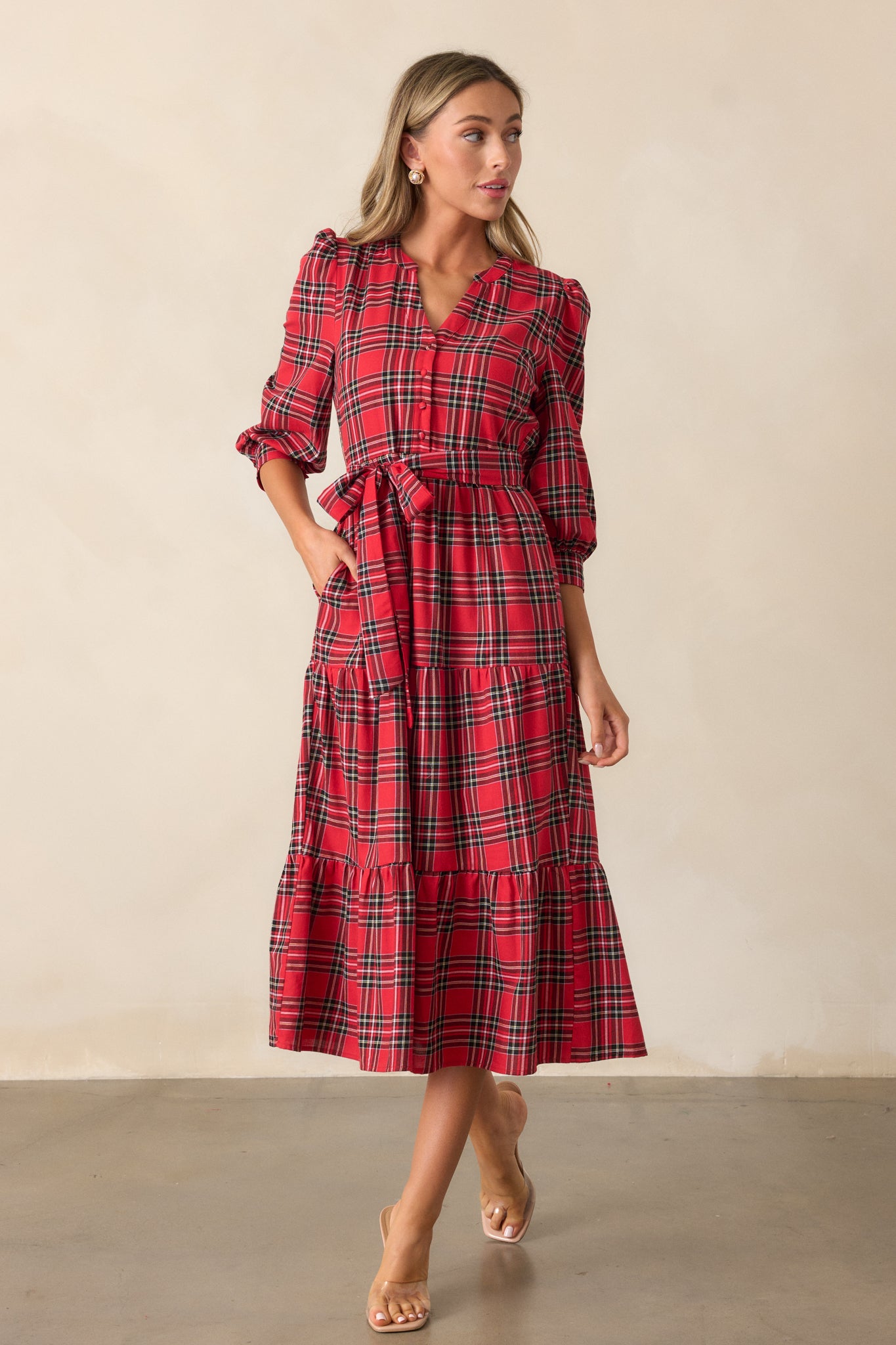 Red Plaid Long Sleeve Midi Dress - All Dresses | Red Dress