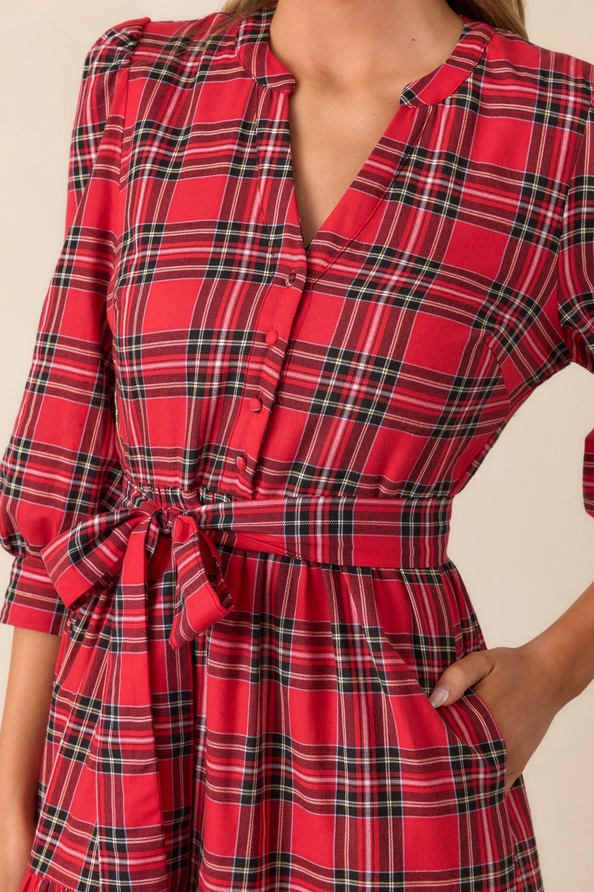Red Plaid Long Sleeve Midi Dress - All Dresses | Red Dress