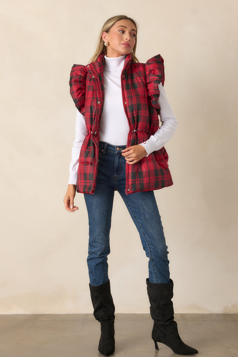 Red Plaid Flutter Sleeve Puffer Vest - All Outerwear | Red Dress