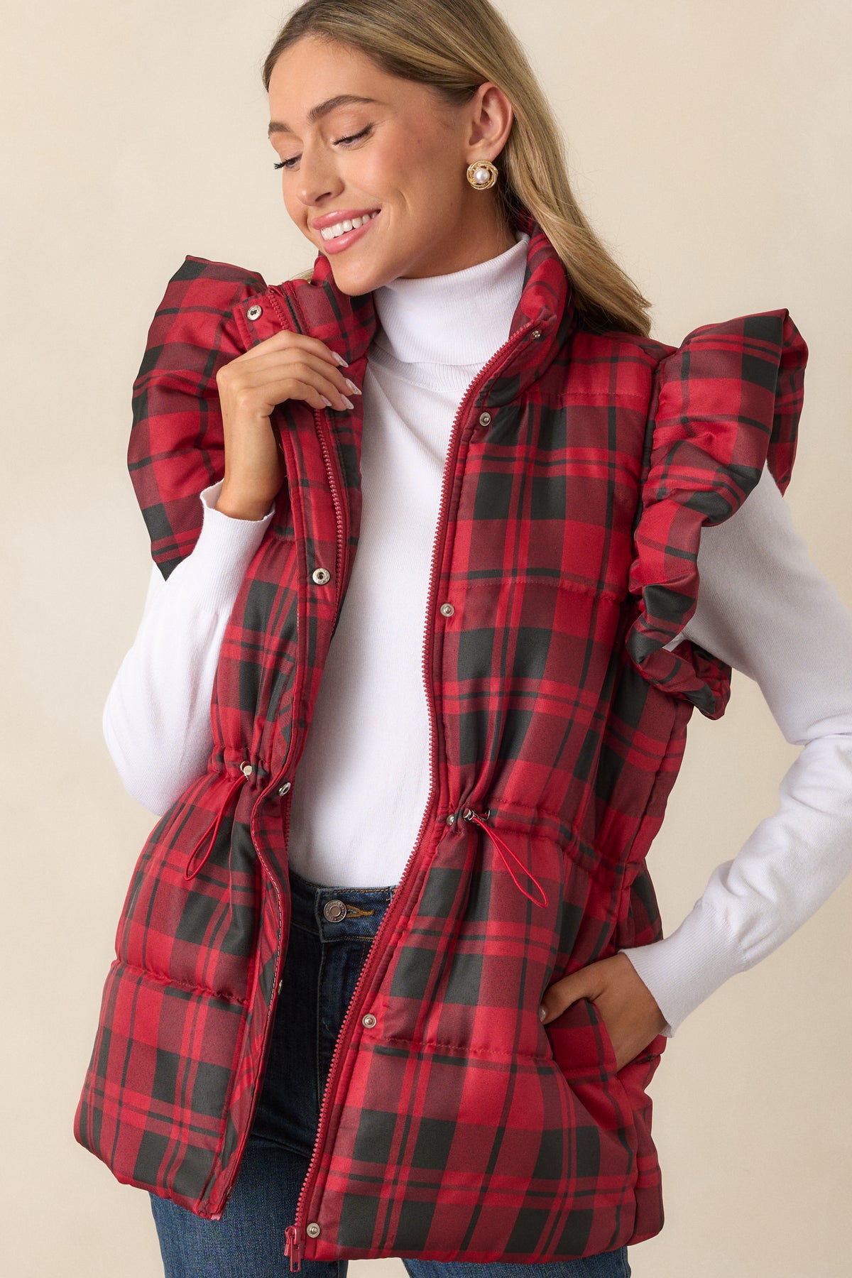 Red Plaid Flutter Sleeve Puffer Vest - All Outerwear | Red Dress