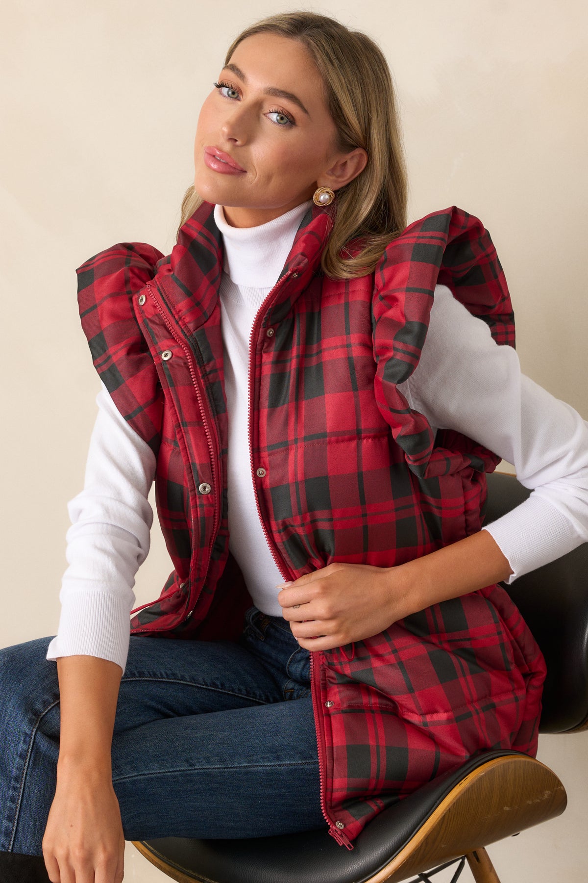 Red Plaid Flutter Sleeve Puffer Vest - All Outerwear | Red Dress