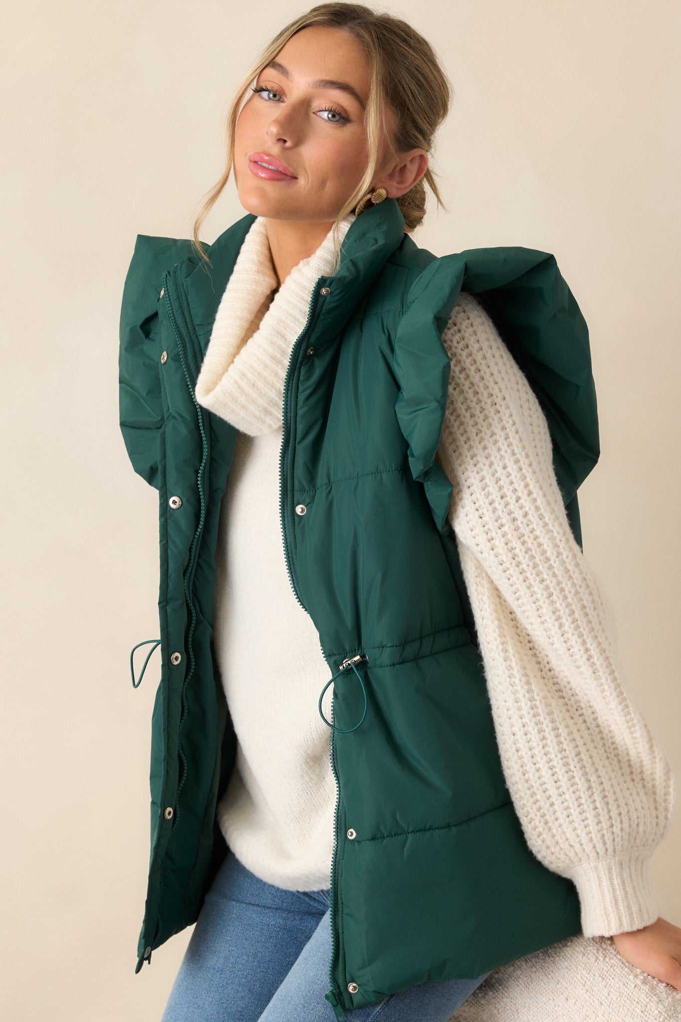 Forest Green Flutter Sleeve Puffer Vest - All Outerwear | Red Dress