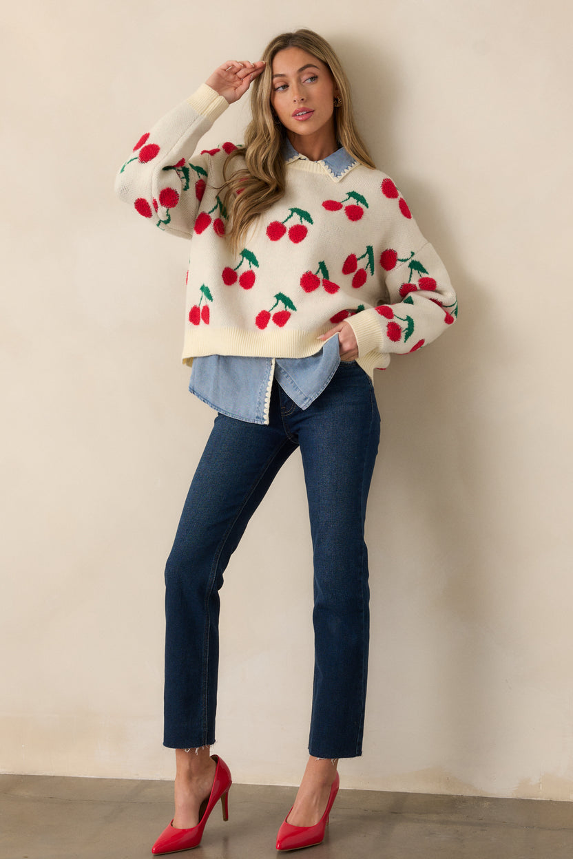 Ivory Cherry Print Sweater - Casual Tops | Red Dress