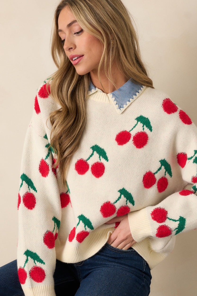 Ivory Cherry Print Sweater - Casual Tops | Red Dress