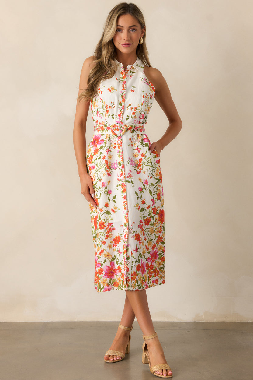 Floral Button Front Midi Dress - All Dresses | Red Dress