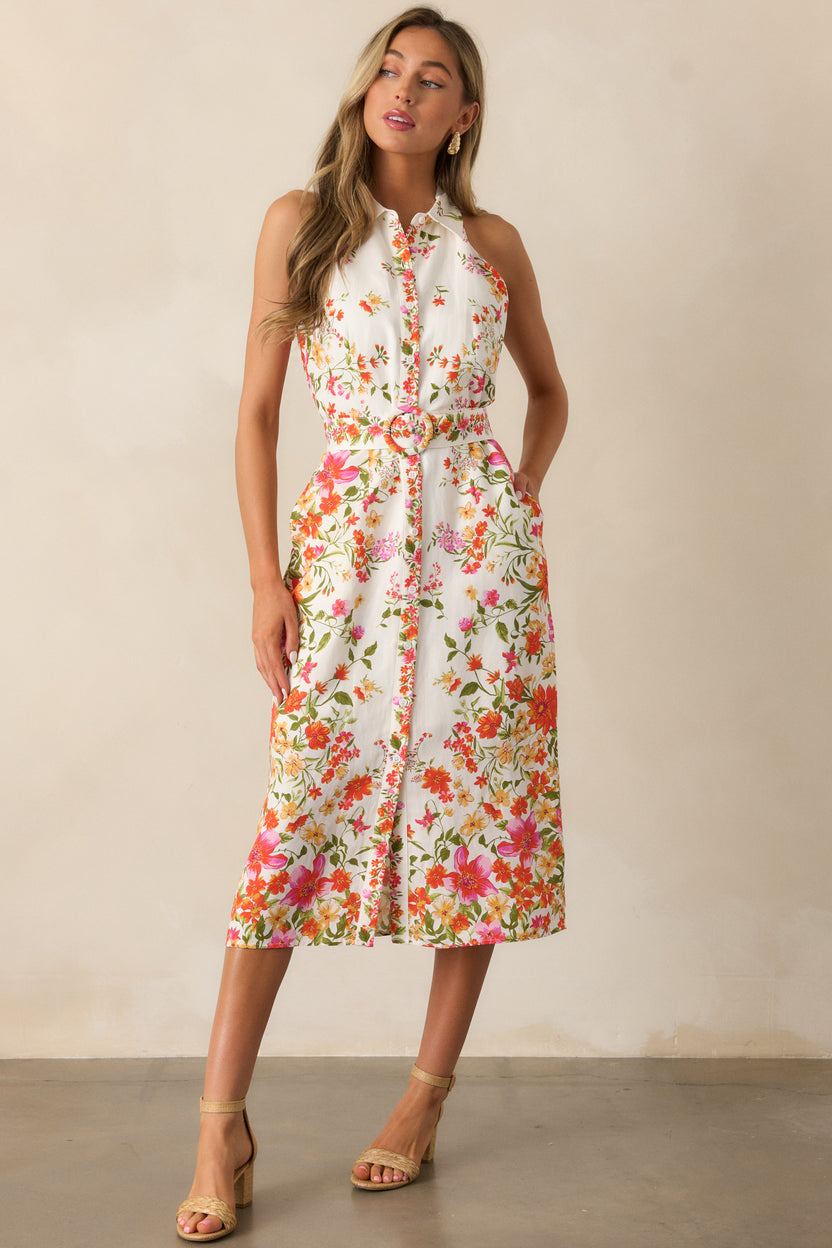 Floral Button Front Midi Dress - All Dresses | Red Dress