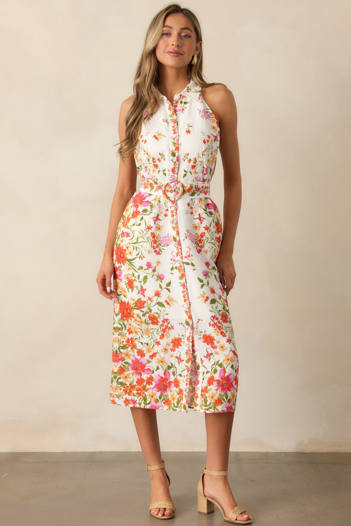 Floral Button Front Midi Dress - All Dresses | Red Dress
