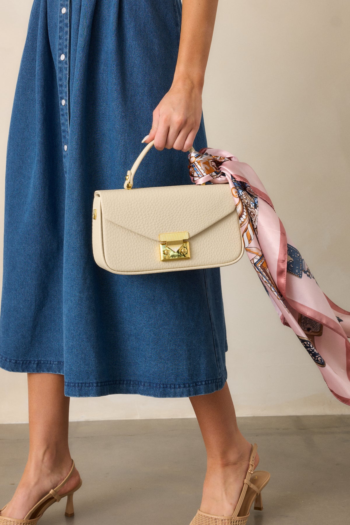 Ivory Textured Faux Leather Handbag - All Accessories | Red Dress