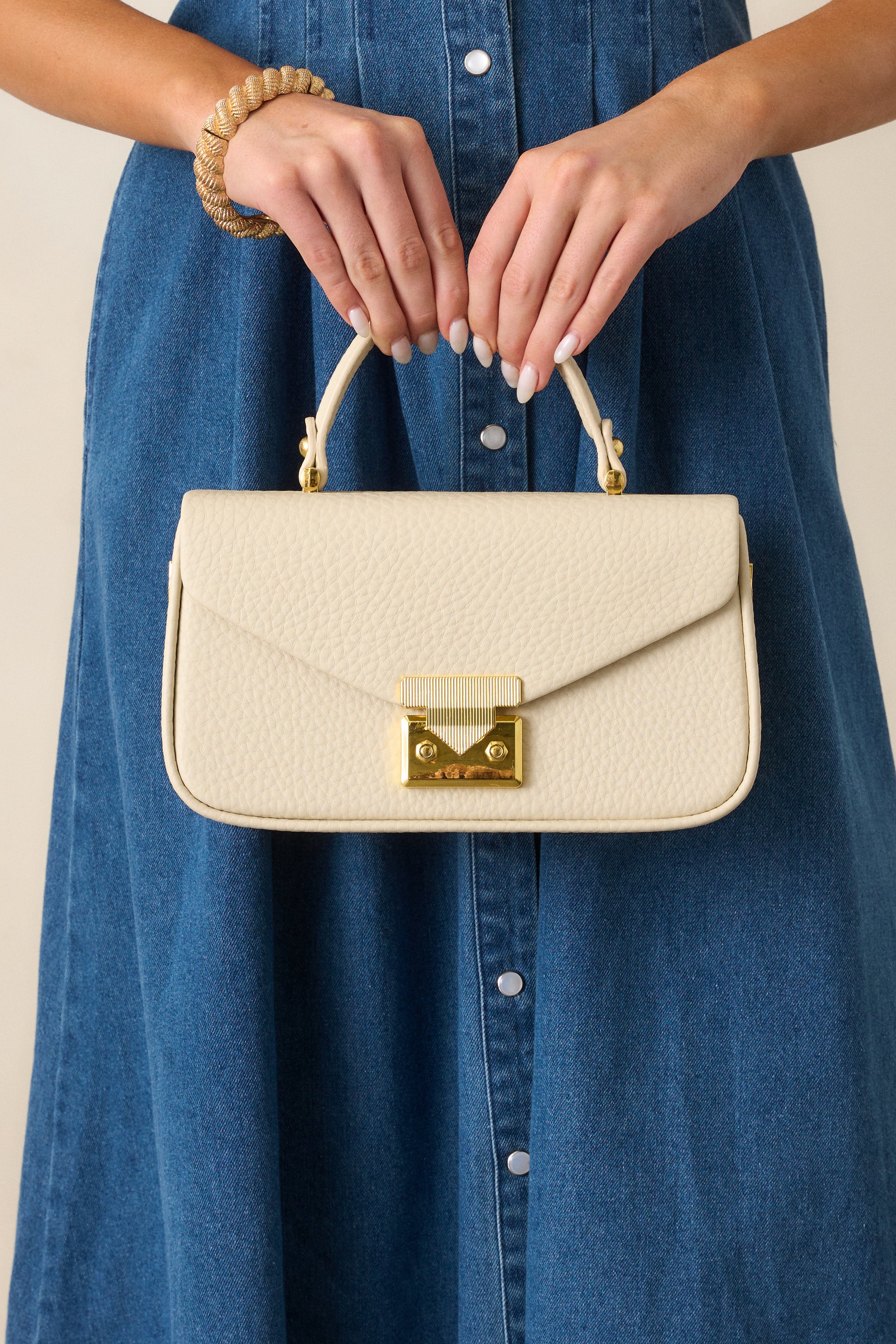Ivory Textured Faux Leather Handbag - All Accessories | Red Dress