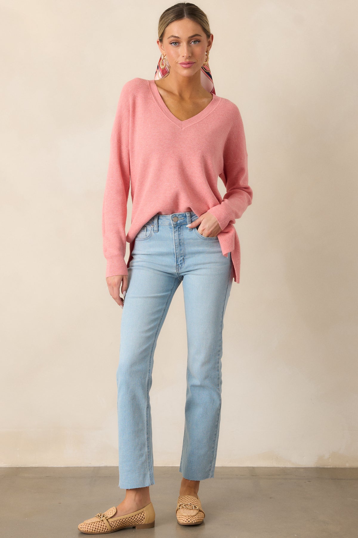 Rose Pink V-Neck Sweater - All Tops | Red Dress