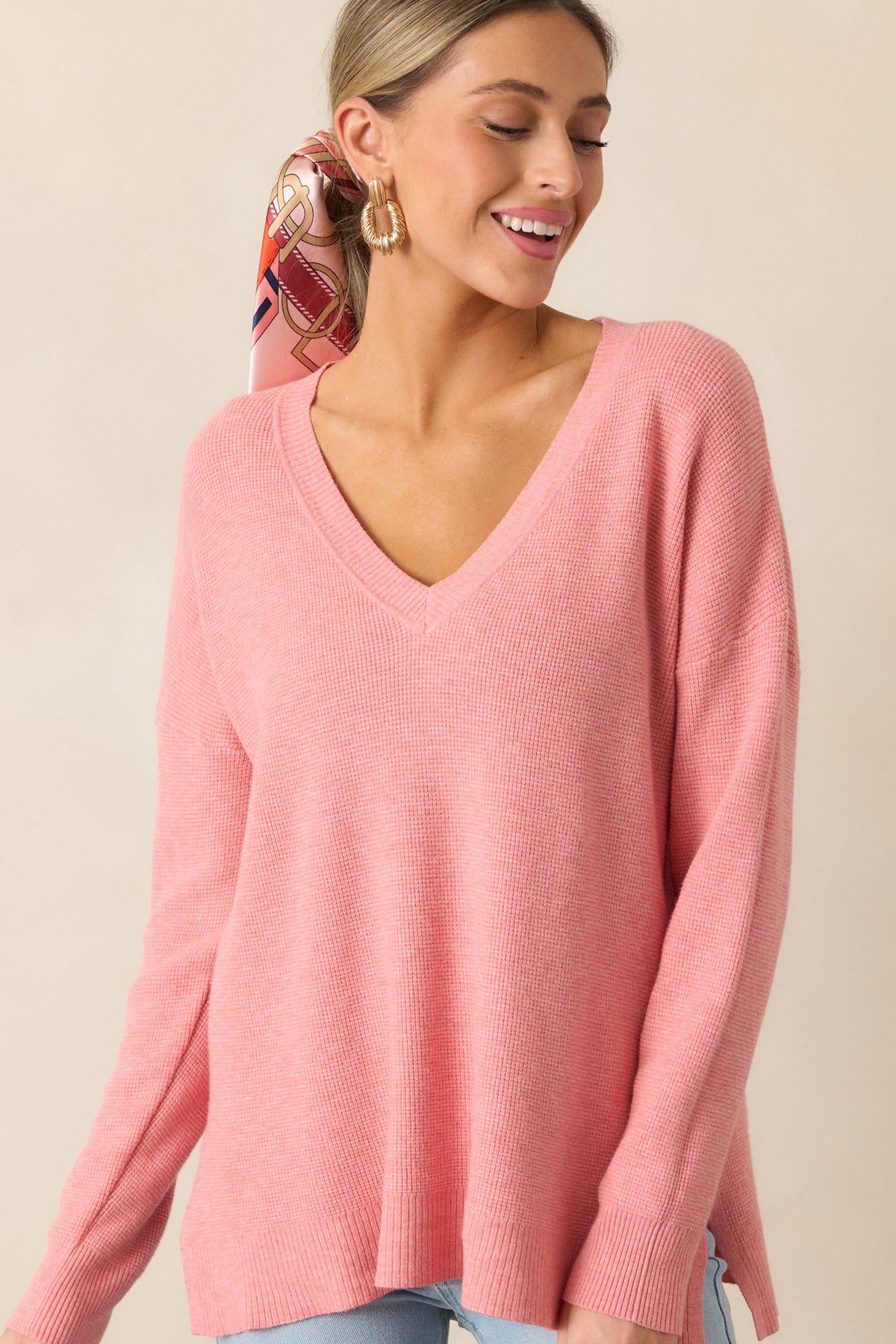 Rose Pink V-Neck Sweater - All Tops | Red Dress