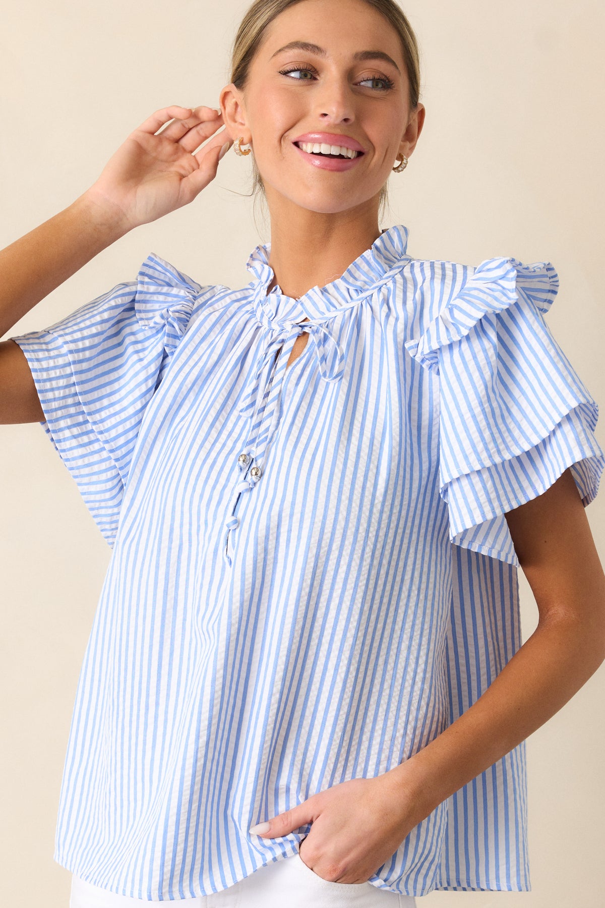 Blue Stripe Ruffle Sleeve Blouse - All Tops | Red Dress