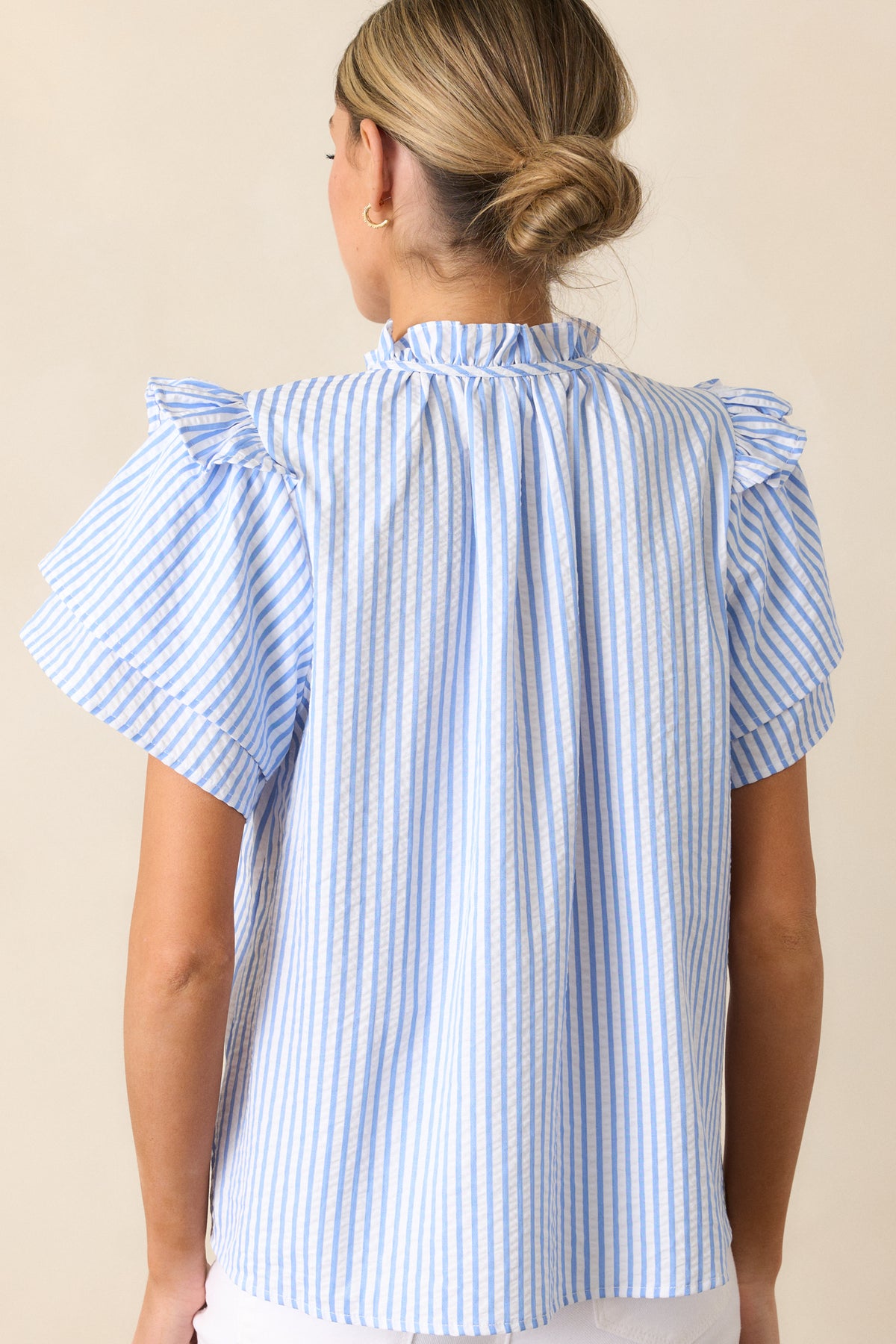 Blue Stripe Ruffle Sleeve Blouse - All Tops | Red Dress