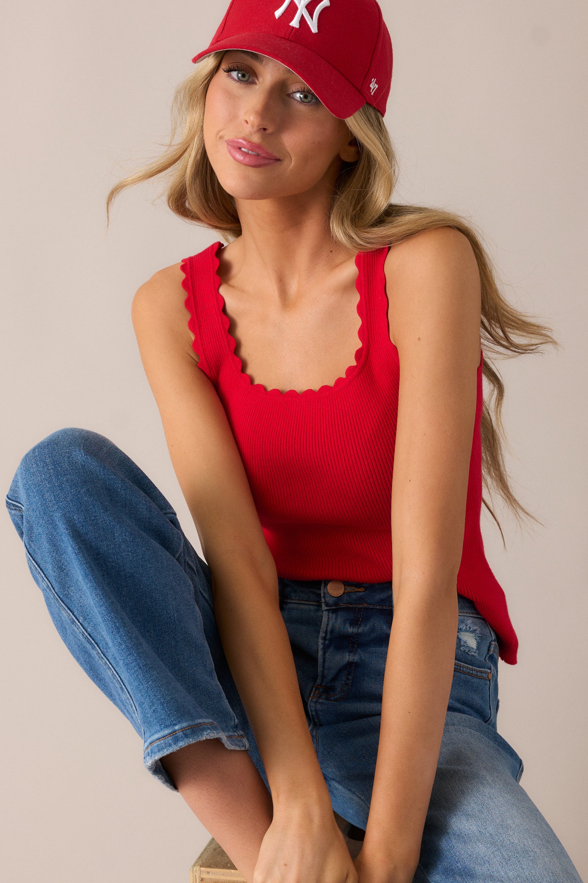 Red Scallop Knit Tank Top - All Tops | Red Dress