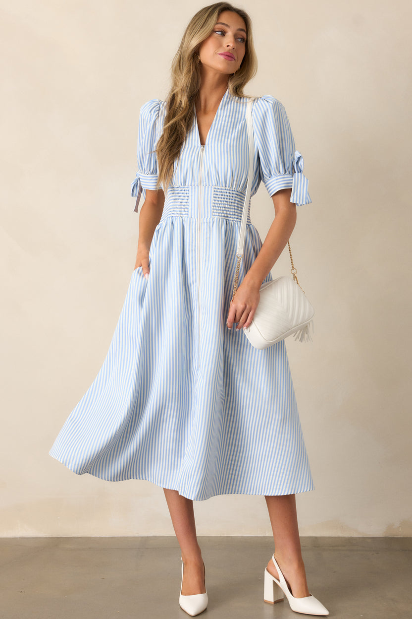Blue Stripe Zip Front Midi Dress - All Dresses | Red Dress