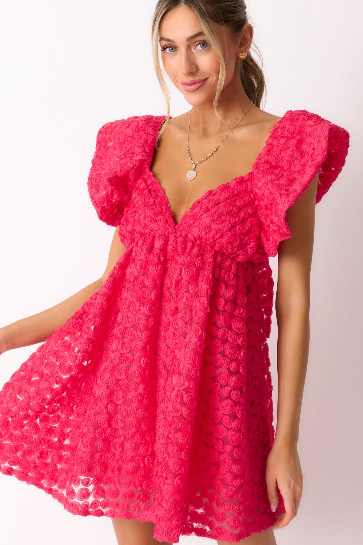 Hot Pink Flutter Sleeve Mini Dress - All Dresses | Red Dress