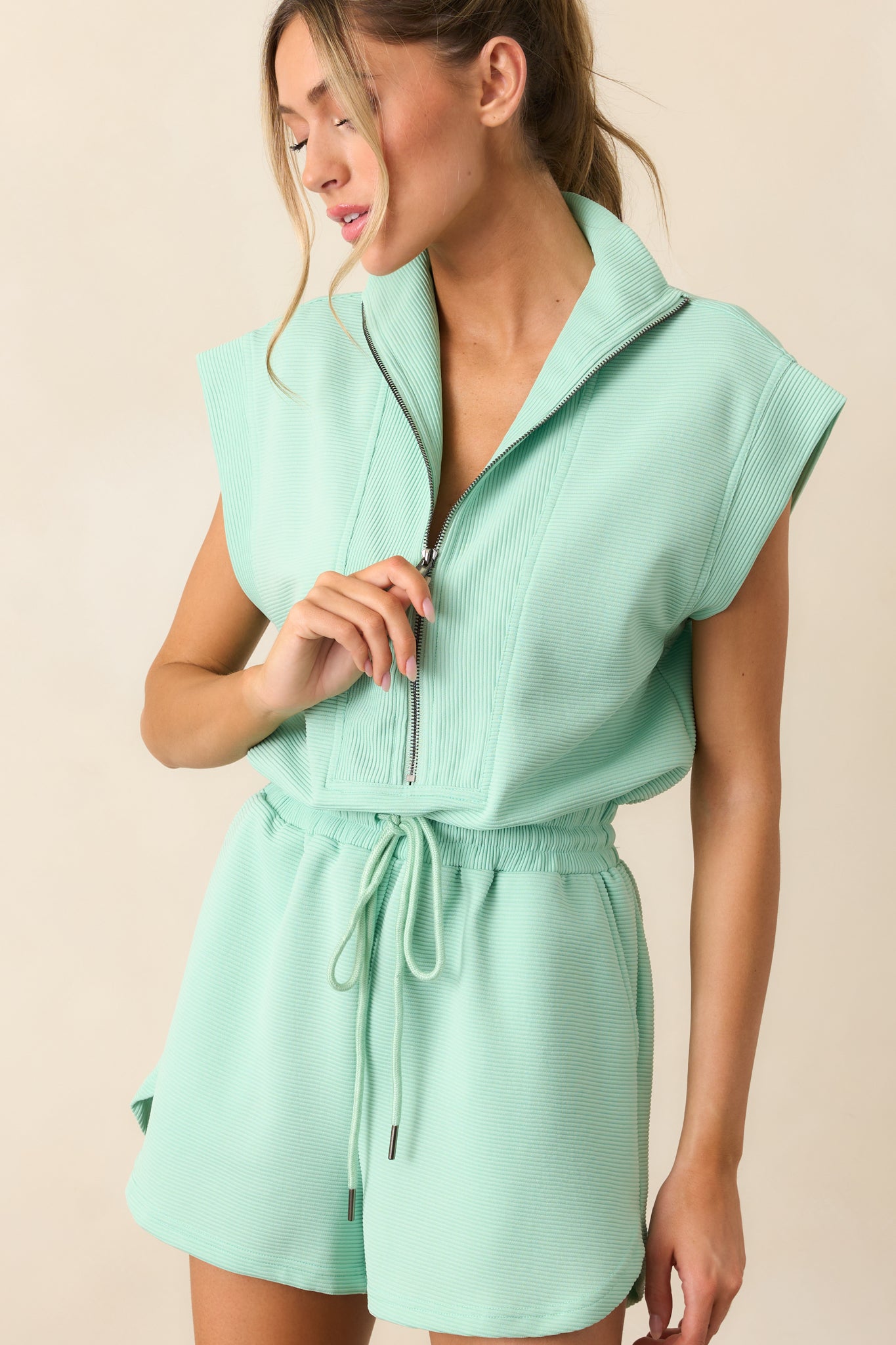 Mint Green Half Zip Short Sleeve Romper - All Playsuits | Red Dress