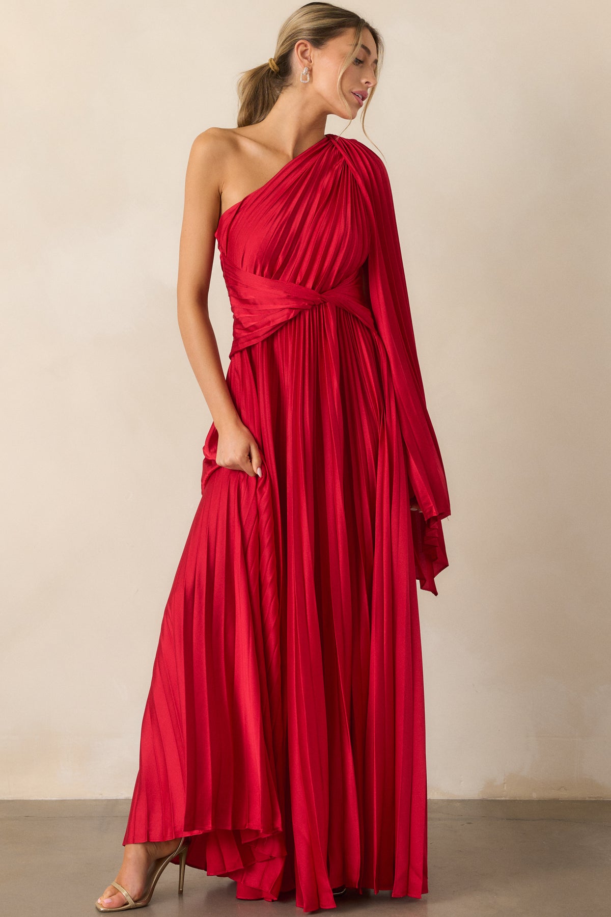 Red One Shoulder Pleated Maxi Dress - All Dresses | Red Dress