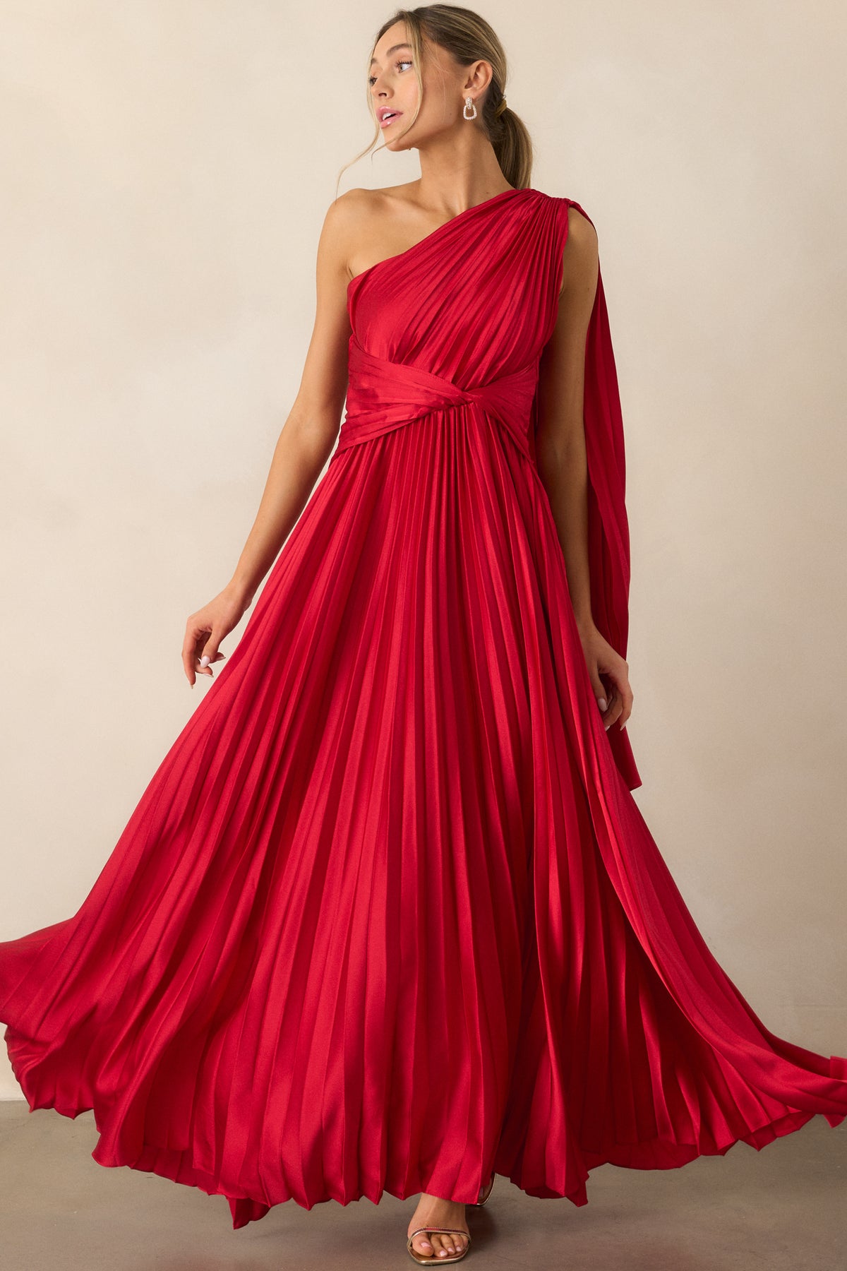 Red One Shoulder Pleated Maxi Dress - All Dresses | Red Dress