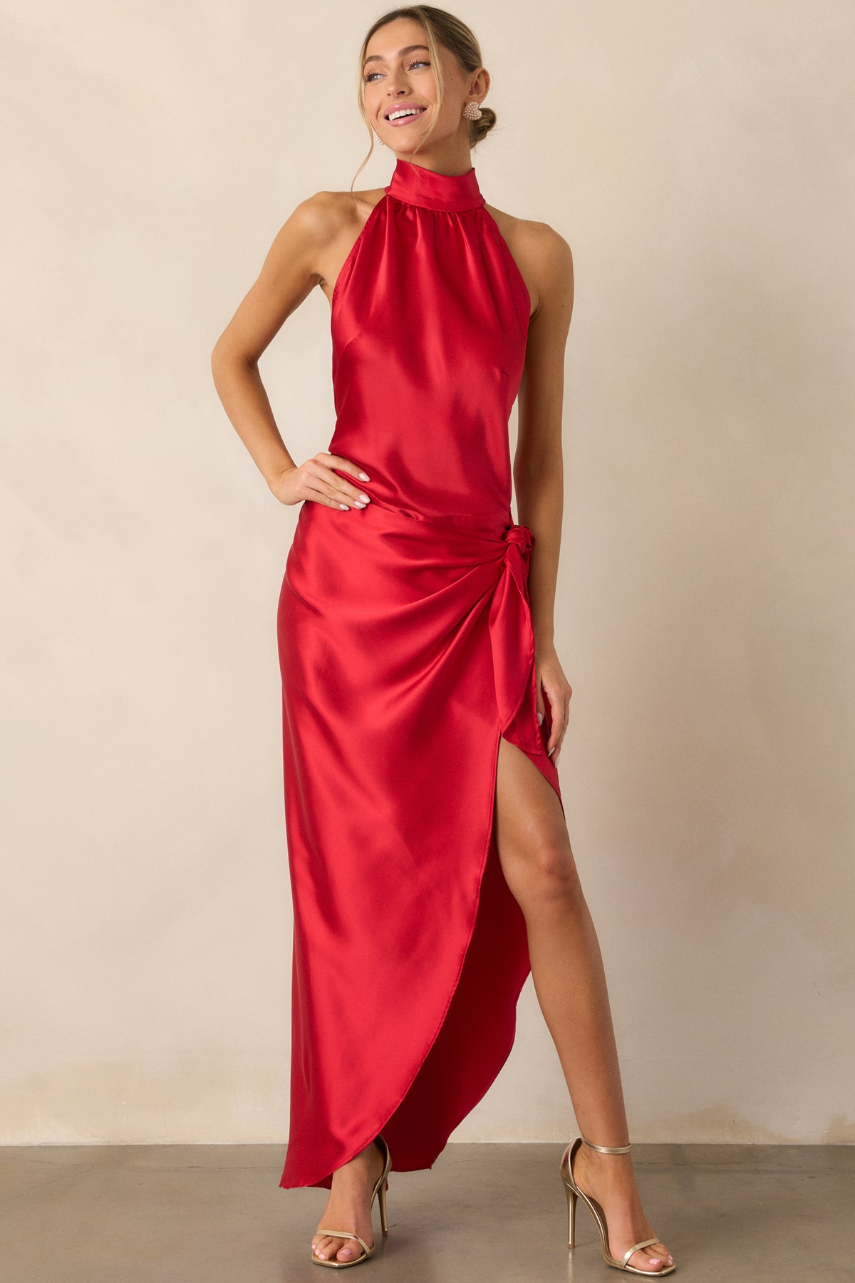 Red Satin Halter Neck Maxi Dress - All Dresses | Red Dress