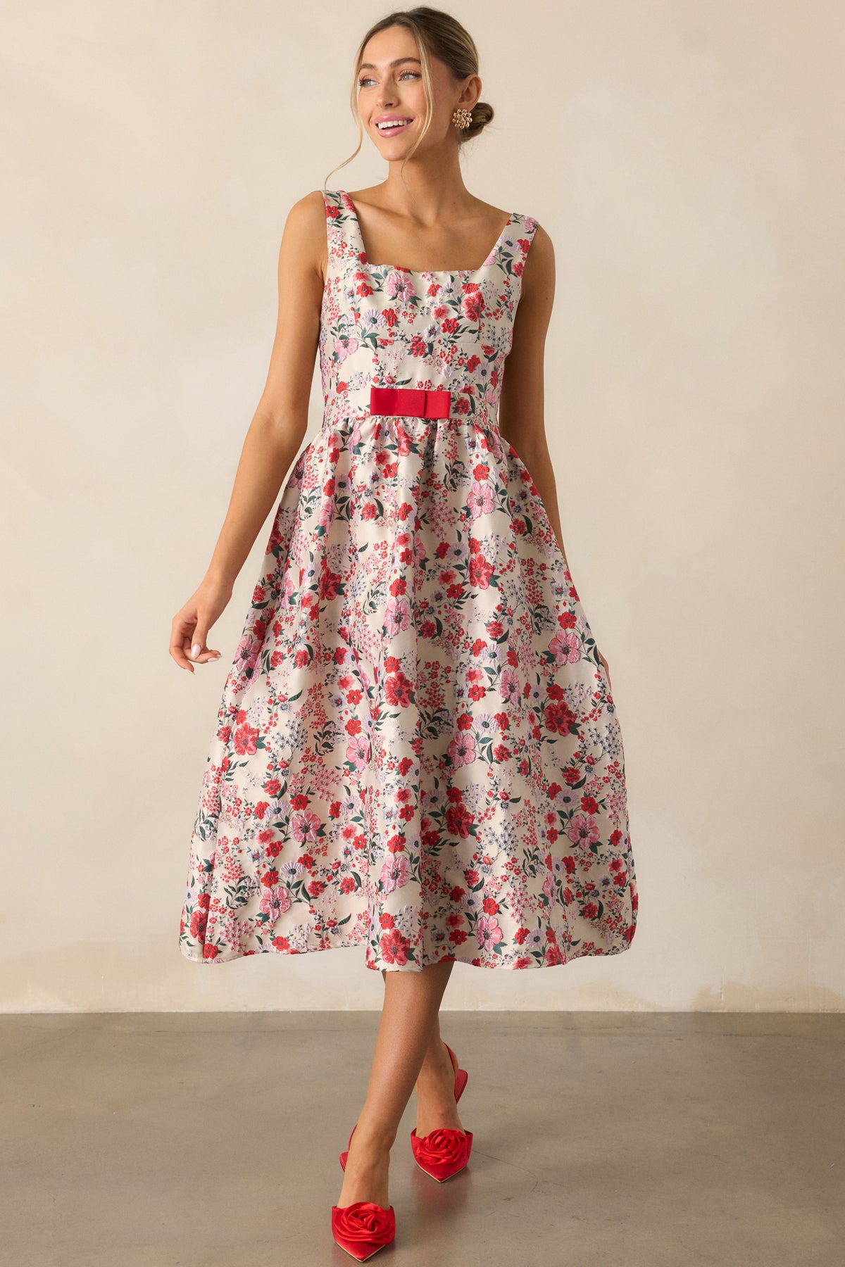 Red Floral Midi Dress - All Dresses | Red Dress