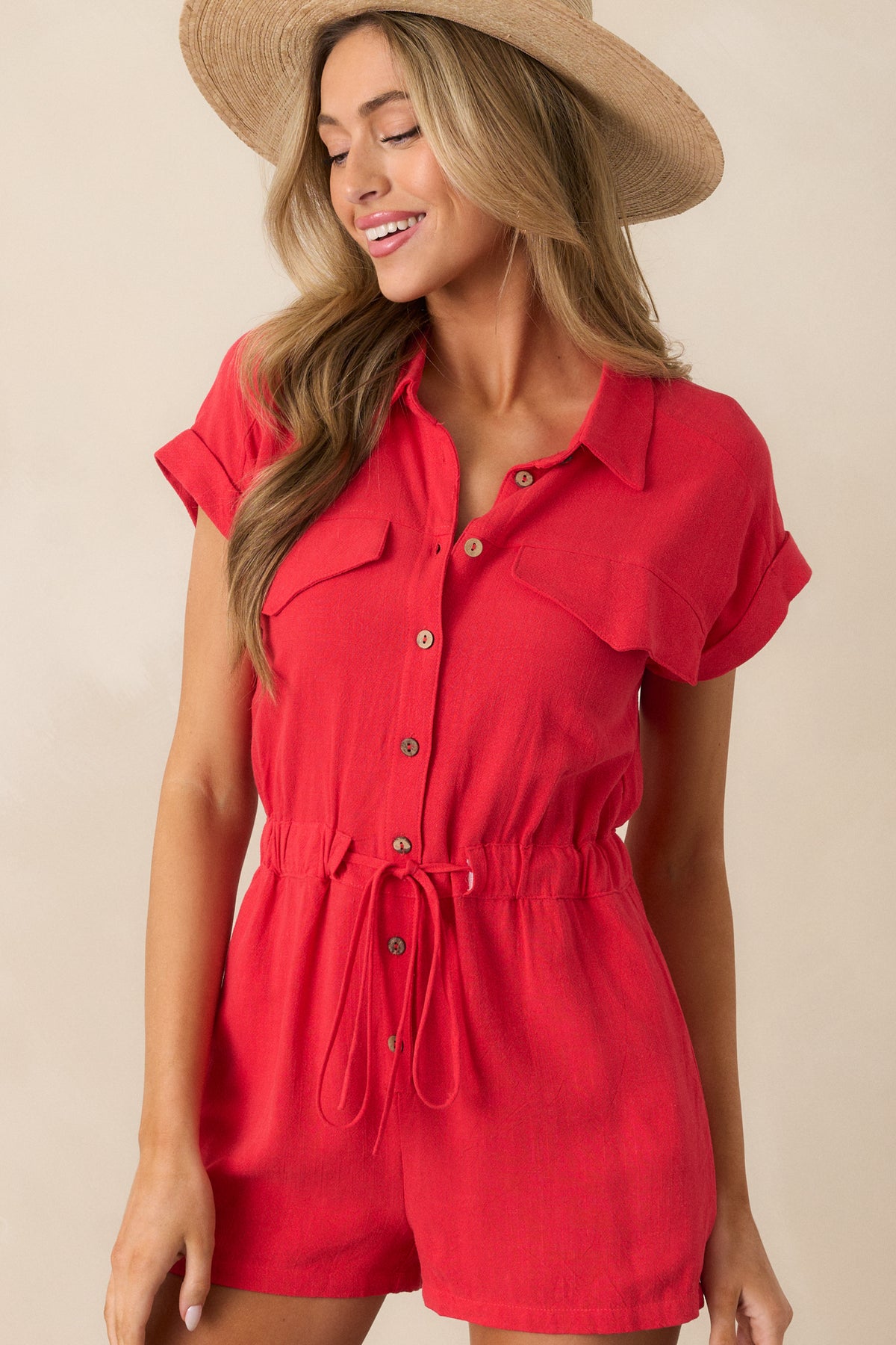 Linen Blend Red Button Front Romper - All Playsuits | Red Dress