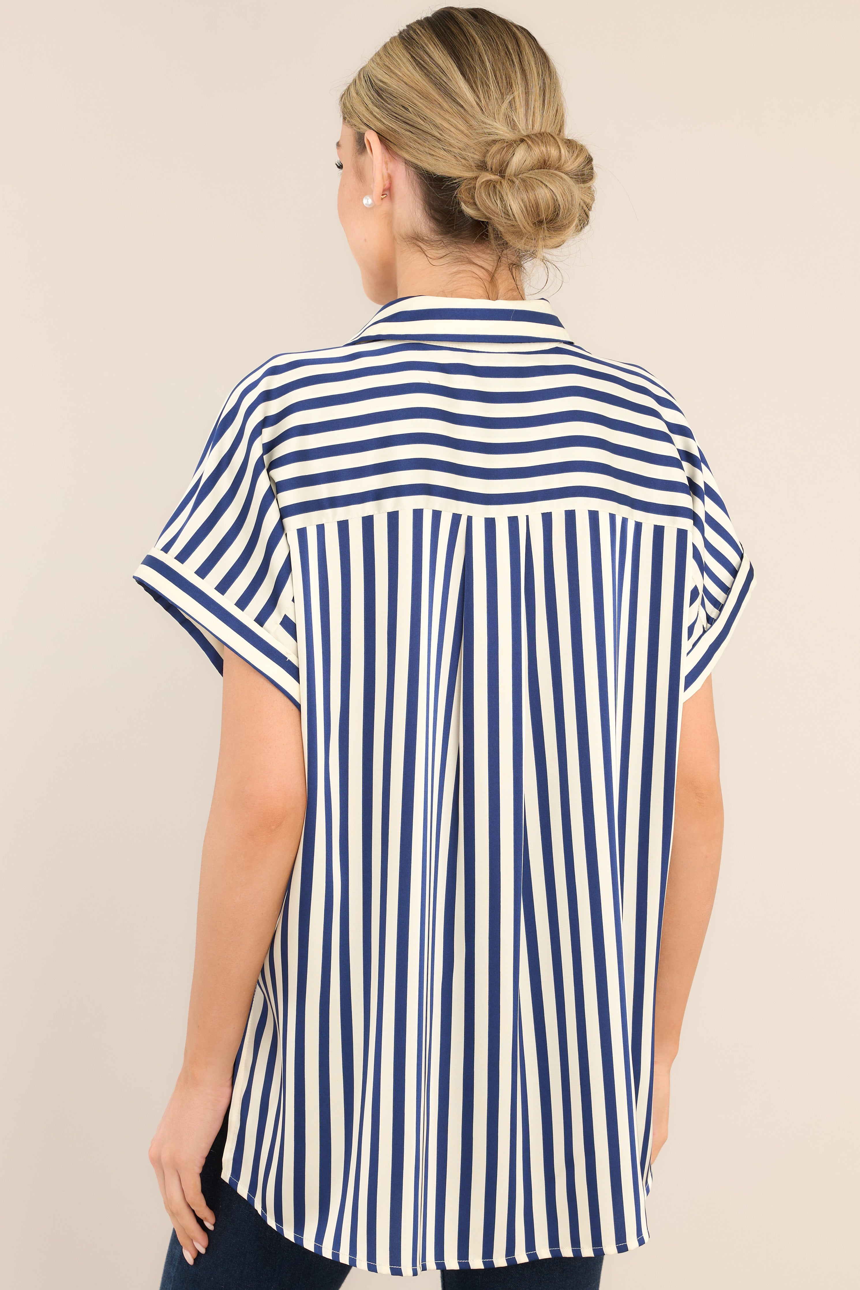 Navy Stripe Button Front Top - All Tops | Red Dress