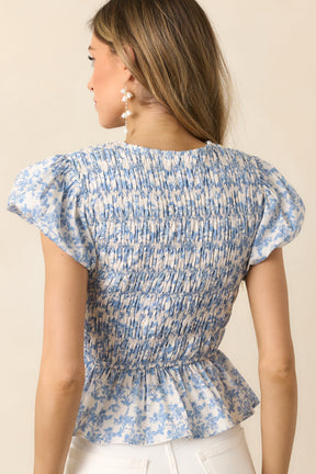 Light Blue Floral Cotton Puff Sleeve Top - All Tops | Red Dress