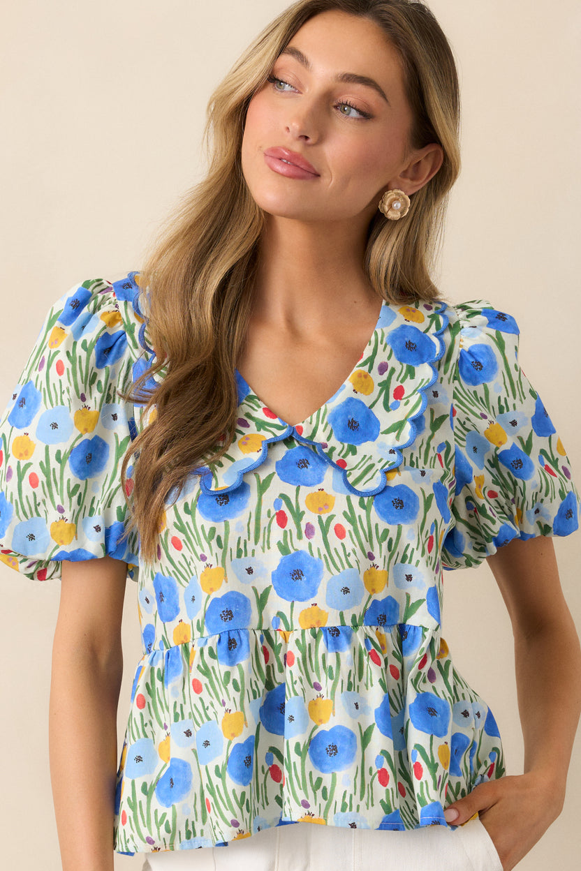 Blue Floral Puff Sleeve Blouse - All Tops | Red Dress