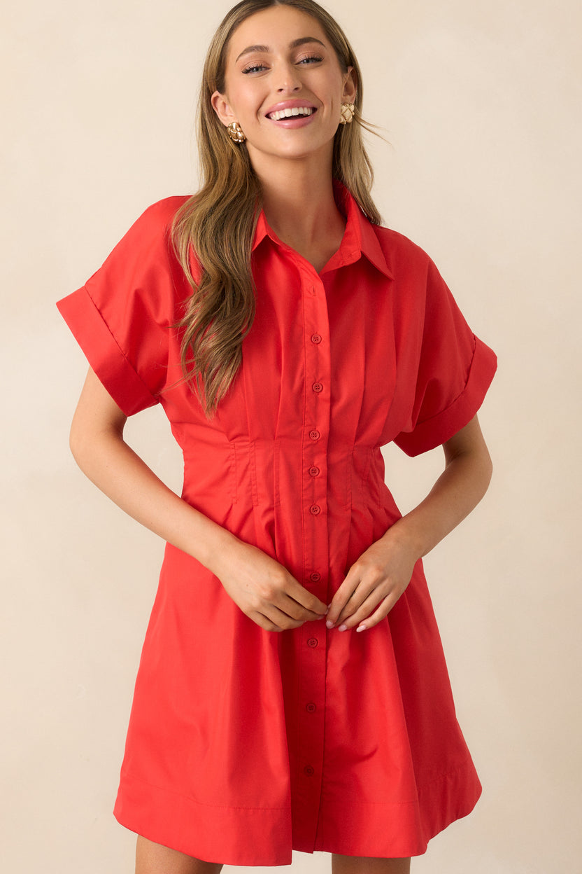 Red Button Front Mini Dress - Shirt Dresses | Red Dress
