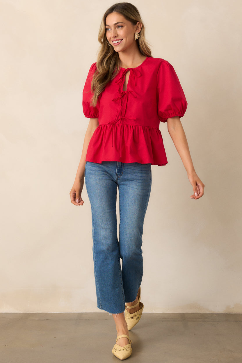 Red Cotton Bow Front Puff Sleeve Top - Casual Tops | Red Dress