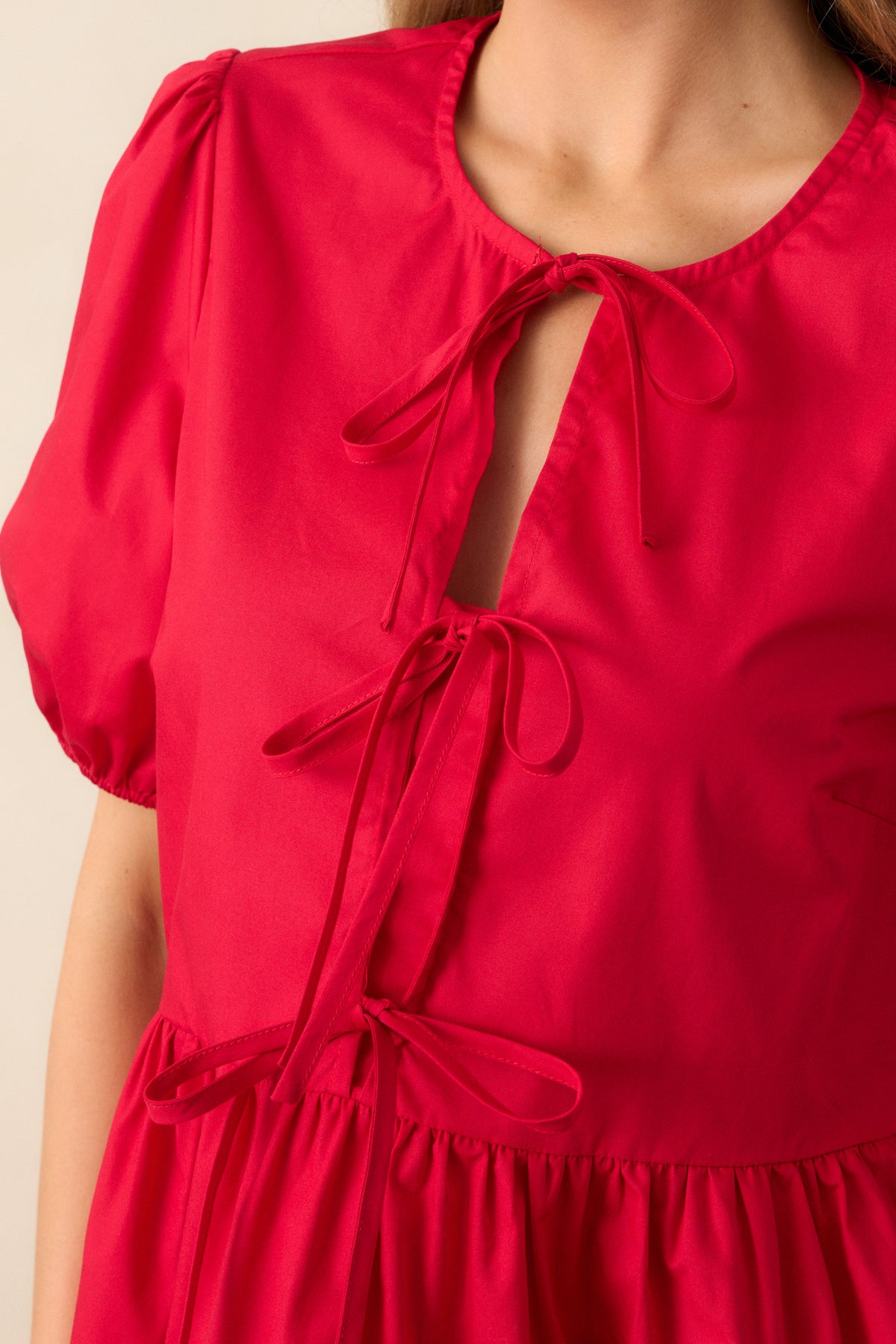 Red Cotton Bow Front Puff Sleeve Top - Casual Tops | Red Dress