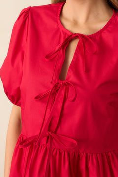 Red Cotton Bow Front Puff Sleeve Top - Casual Tops | Red Dress