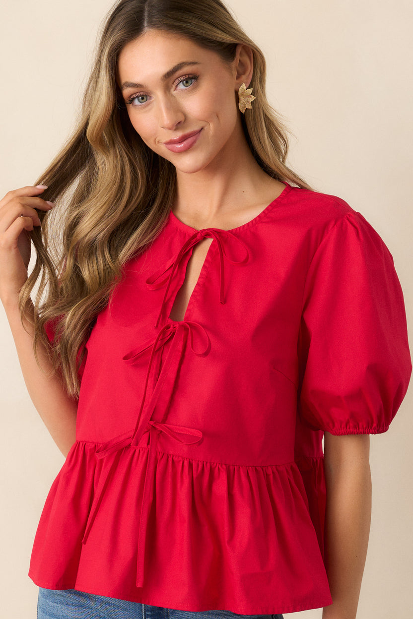 Red Cotton Bow Front Puff Sleeve Top - Casual Tops | Red Dress