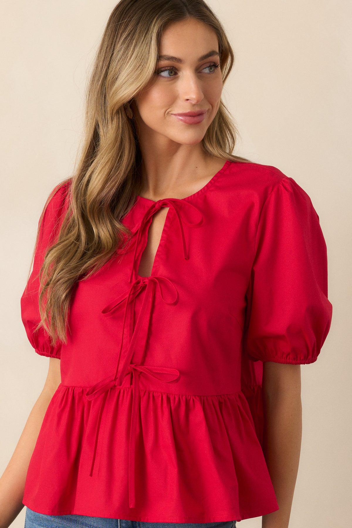 Red Cotton Bow Front Puff Sleeve Top - Casual Tops | Red Dress