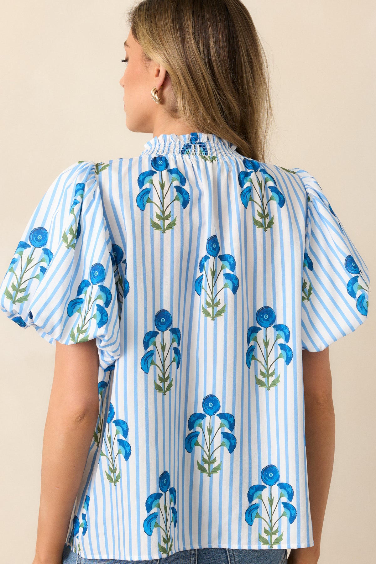 Blue Button Front Puff Sleeve Top - Fresh Florals | Red Dress