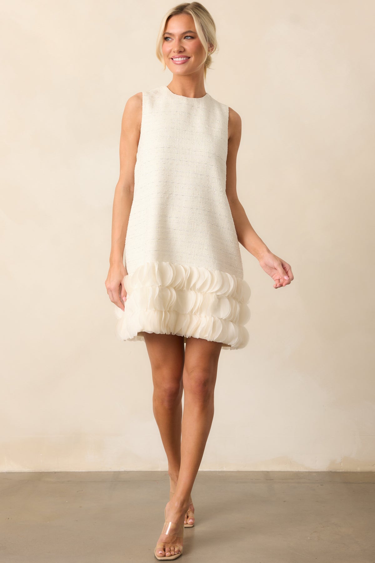 Ivory Tweed Sleeveless Shift Dress - Mini Dresses | Red Dress