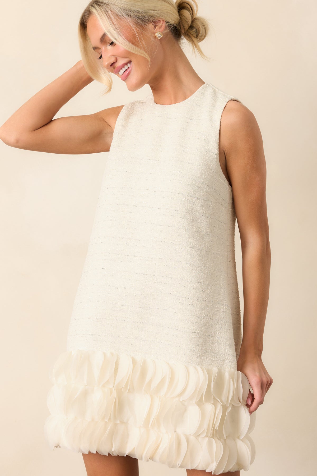 Ivory Tweed Sleeveless Shift Dress - Mini Dresses | Red Dress