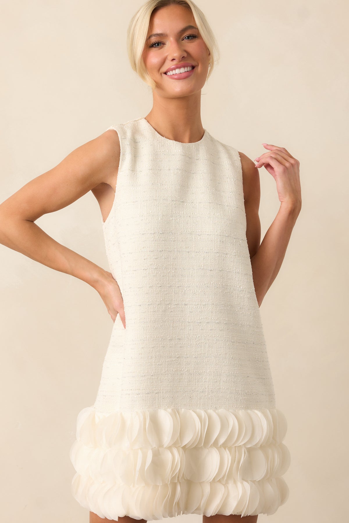 Ivory Tweed Sleeveless Shift Dress - Mini Dresses | Red Dress