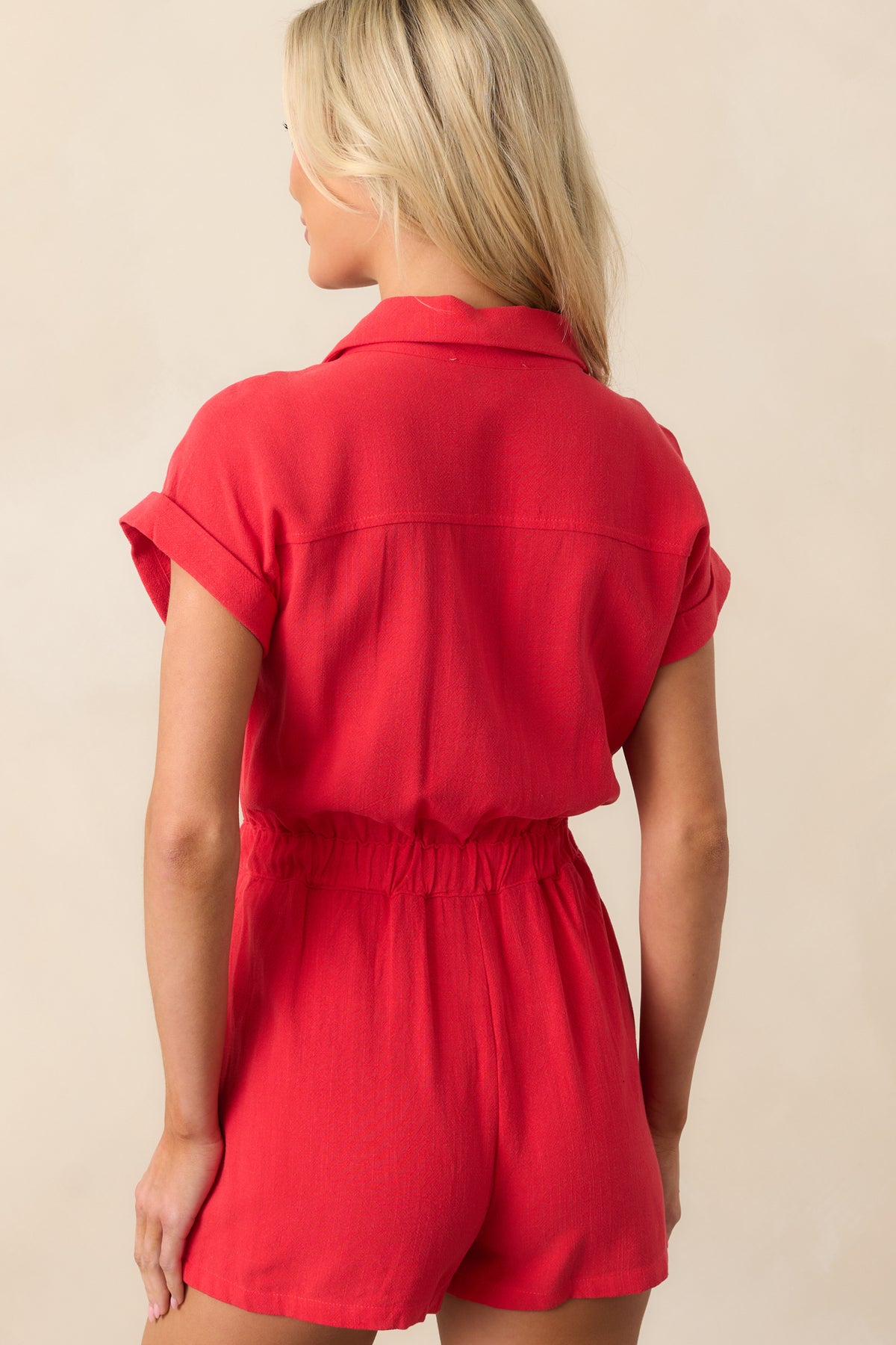 Linen Blend Red Button Front Romper - All Playsuits | Red Dress