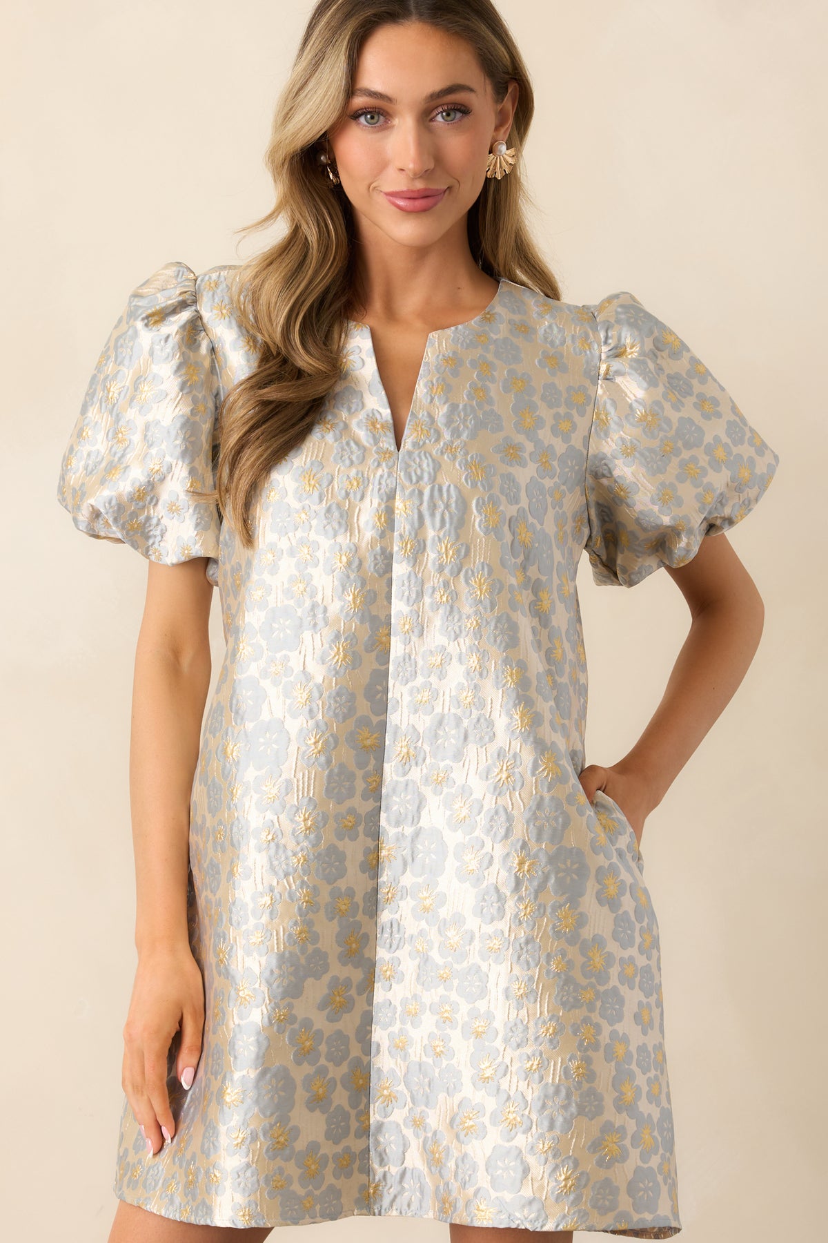 The Missing Piece Ash Blue Floral Jacquard Mini Dress