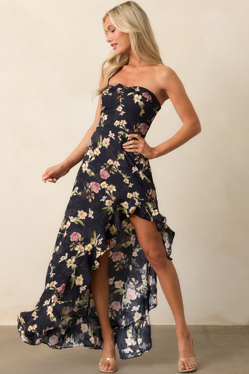 Deep Navy Floral Jacquard High Low Dress - Strapless Dresses | Red Dress
