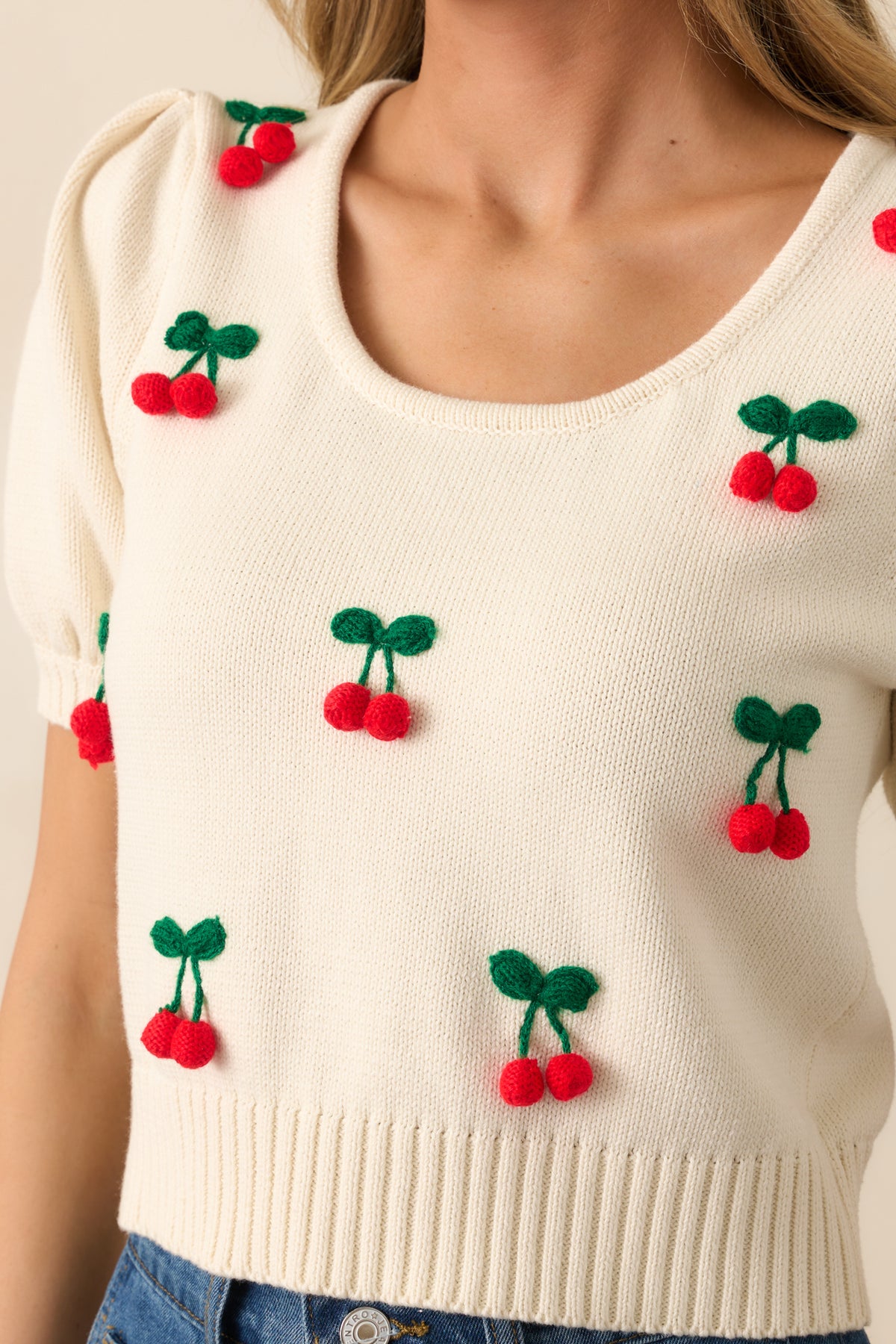 Ivory Cherry Embroidered Knit Top - Casual Tops | Red Dress