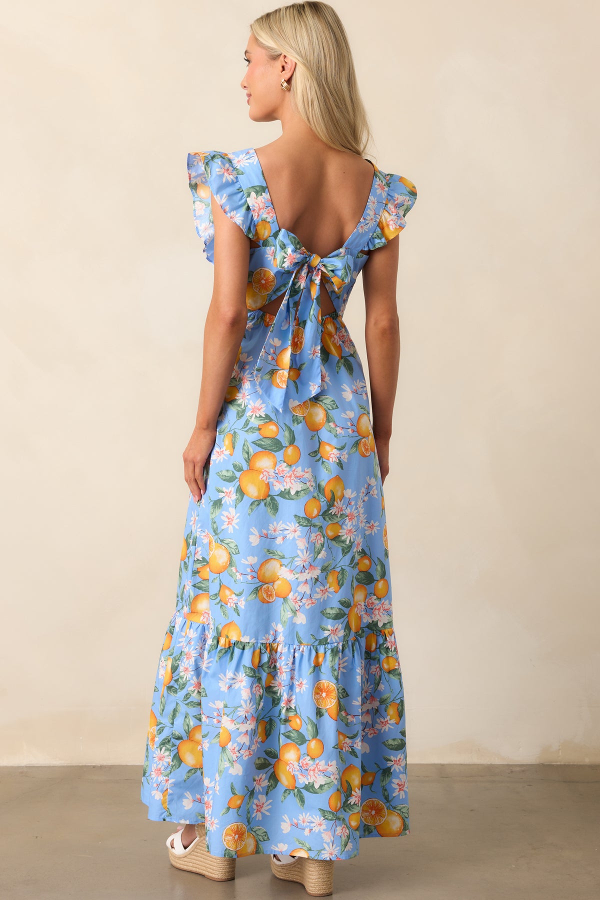 Blue Cotton Lemon Print Maxi Dress - All Dresses | Red Dress